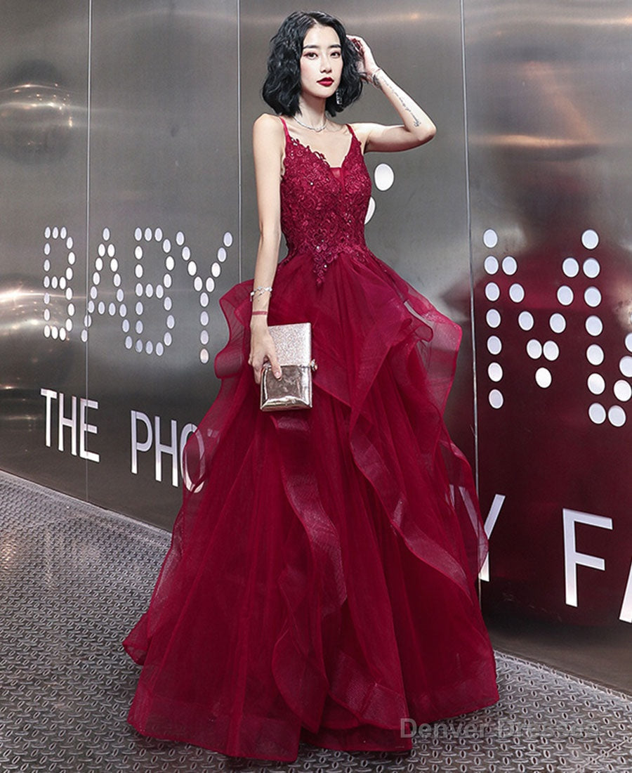 Burgundy lace prom gown evening dress – Denver Dresses